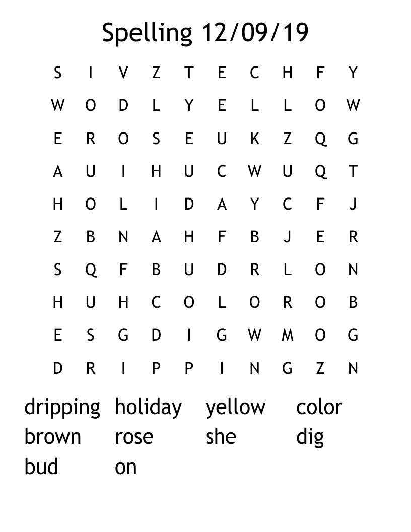 Spelling 12/09/19 Word Search - WordMint