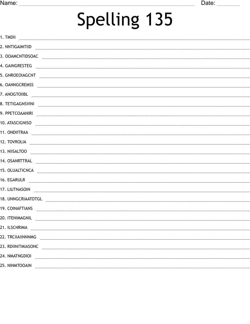 Spelling 135 Word Scramble - WordMint