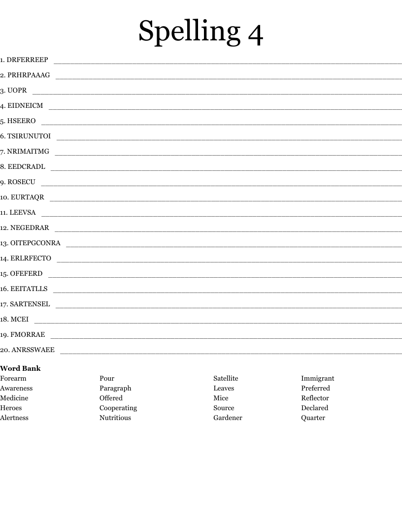 Spelling 4 Word Scramble - WordMint