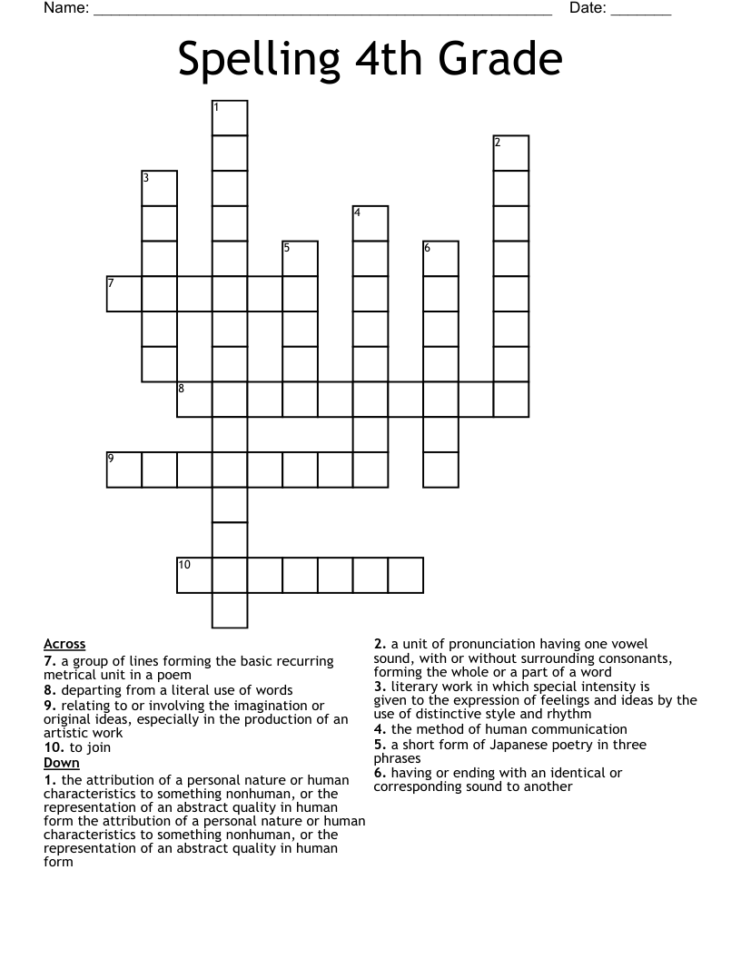 Spelling 4th Grade Crossword - WordMint