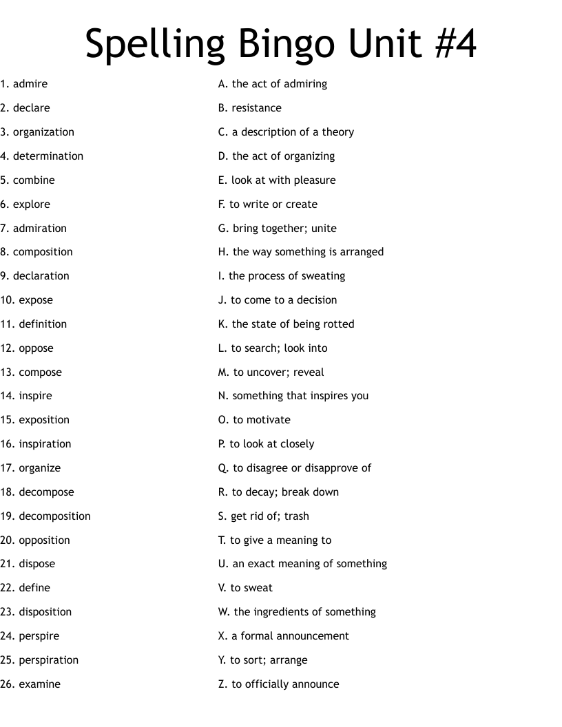 Spelling Bingo Unit #4 Worksheet - WordMint