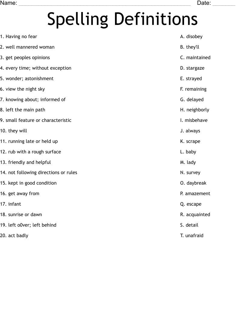 Spelling Definitions Worksheet - WordMint