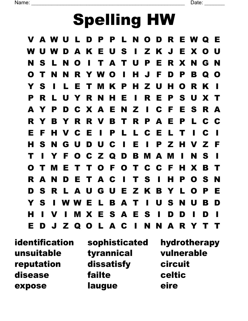 Spelling HW Word Search - WordMint