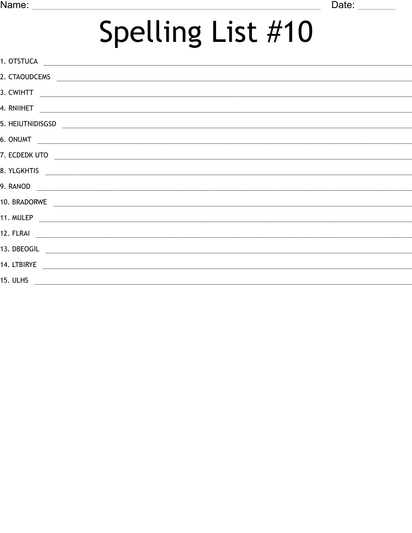 Spelling List #10 Word Scramble - WordMint