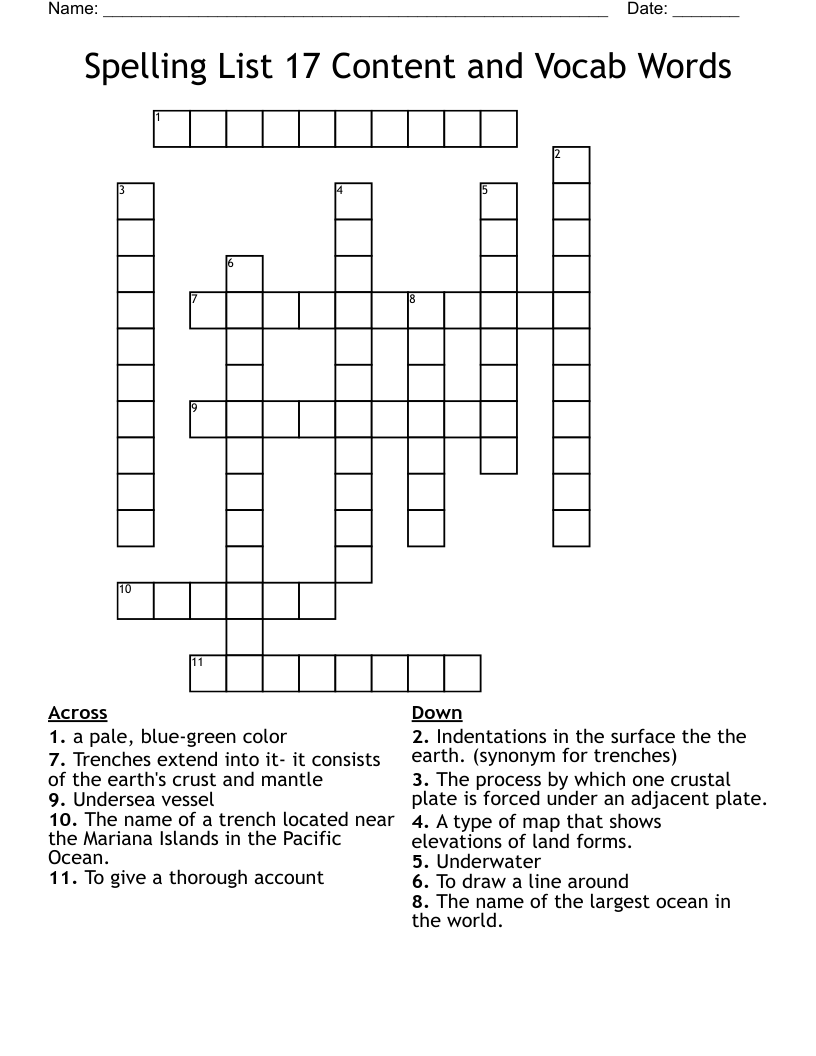 Spelling List 17 Content and Vocab Words Crossword - WordMint