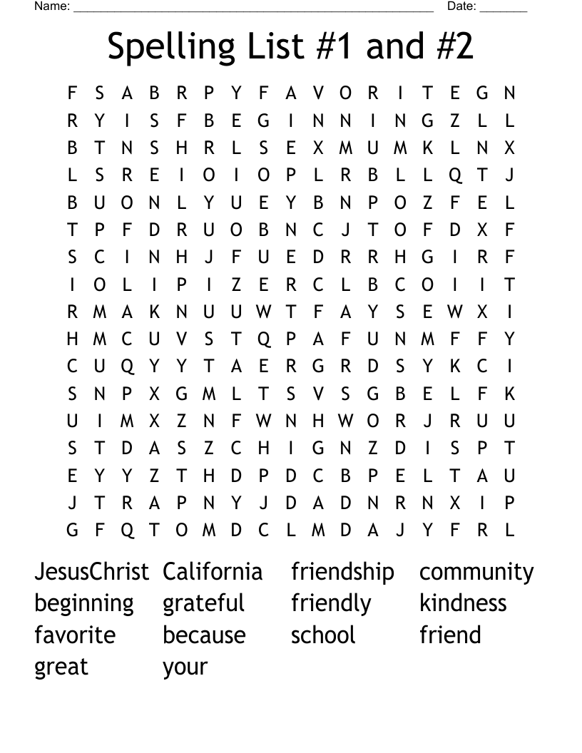 Spelling List #1 and #2 Word Search - WordMint