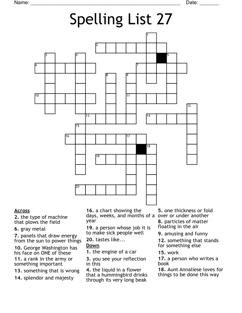 Spelling List 27 Crossword - WordMint
