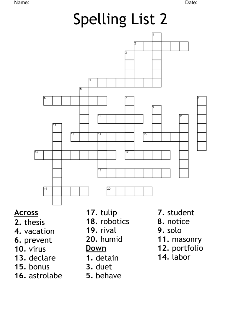 Spelling List 2 Crossword - WordMint