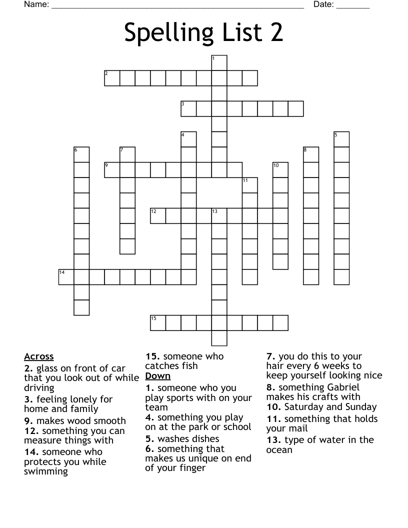 Spelling List 2 Crossword WordMint