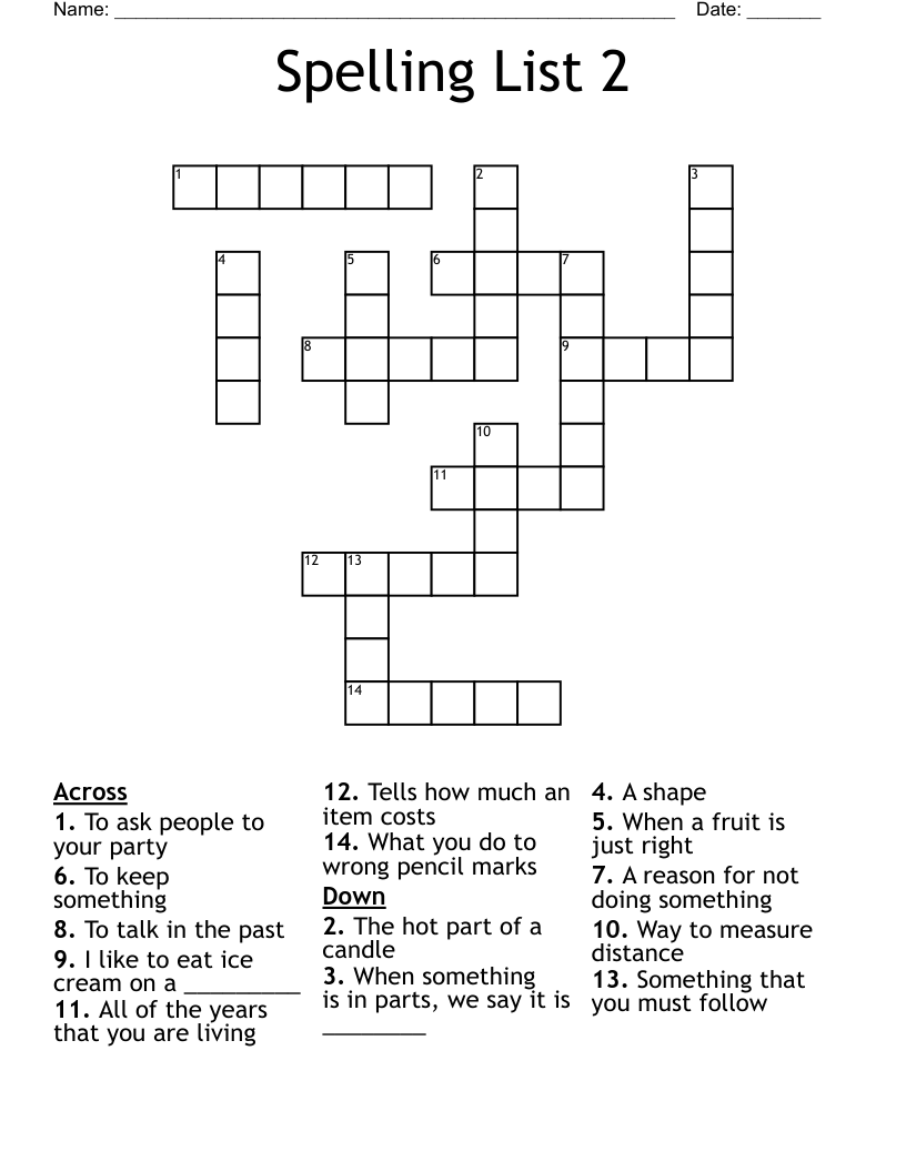 Spelling List 2 Crossword - WordMint