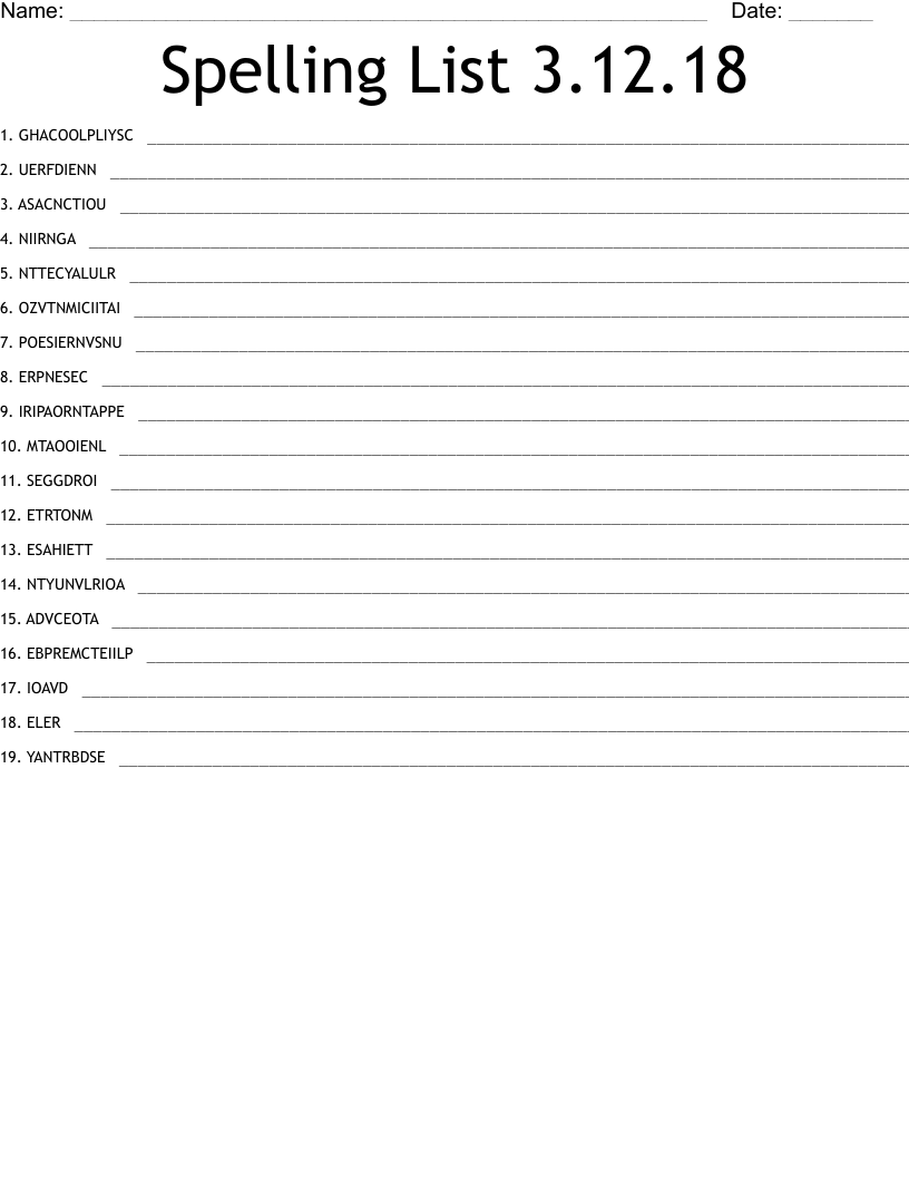 Spelling List 3.12.18 Word Scramble - WordMint