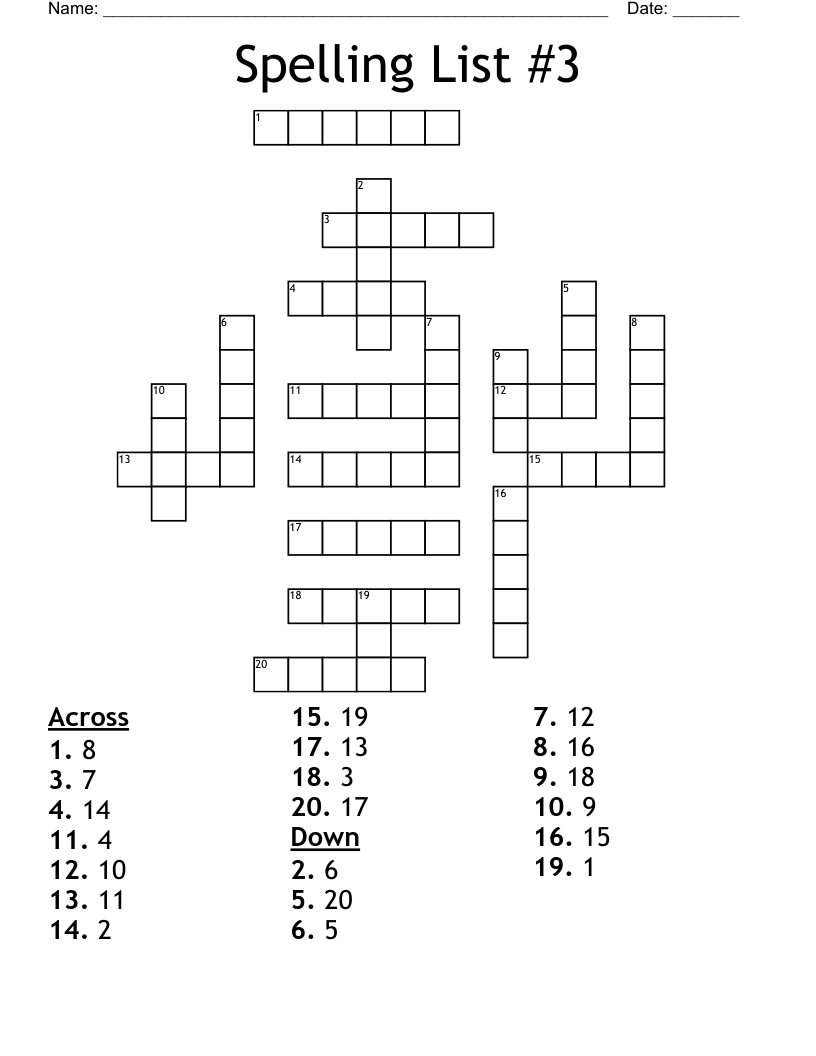 Spelling List #3 Crossword - WordMint