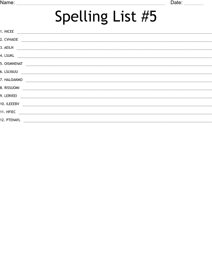 Spelling List #5 Word Scramble - WordMint