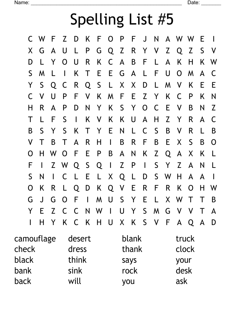 Spelling List #5 Word Search - WordMint