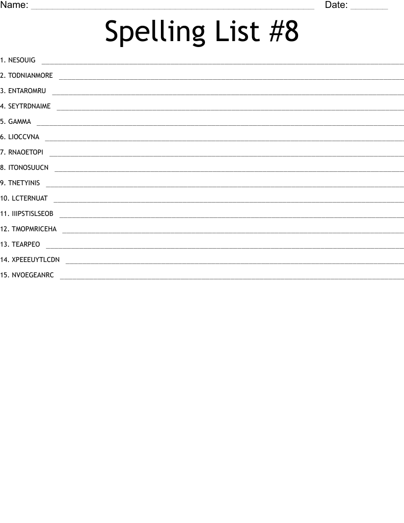 Spelling List #8 Word Scramble - WordMint
