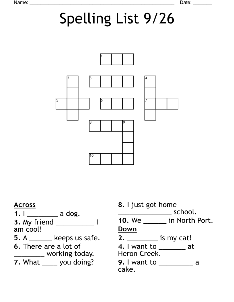 Spelling List 9/26 Crossword - WordMint