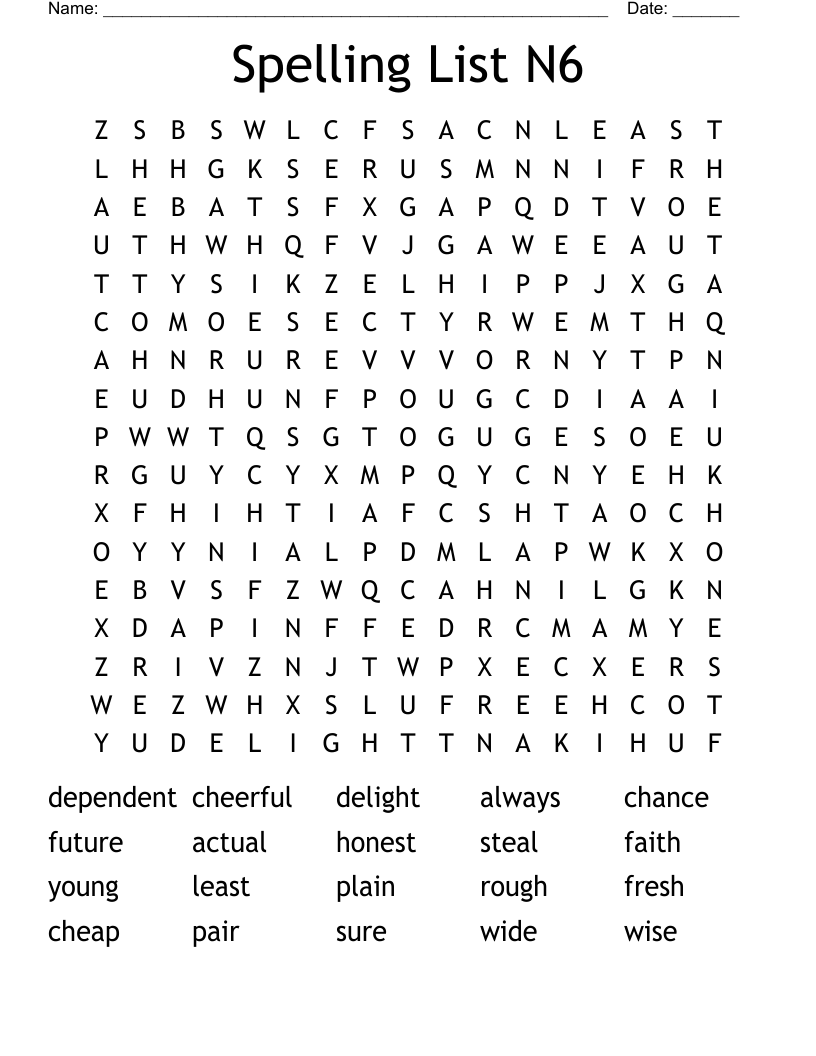 Spelling List N6 Word Search - WordMint