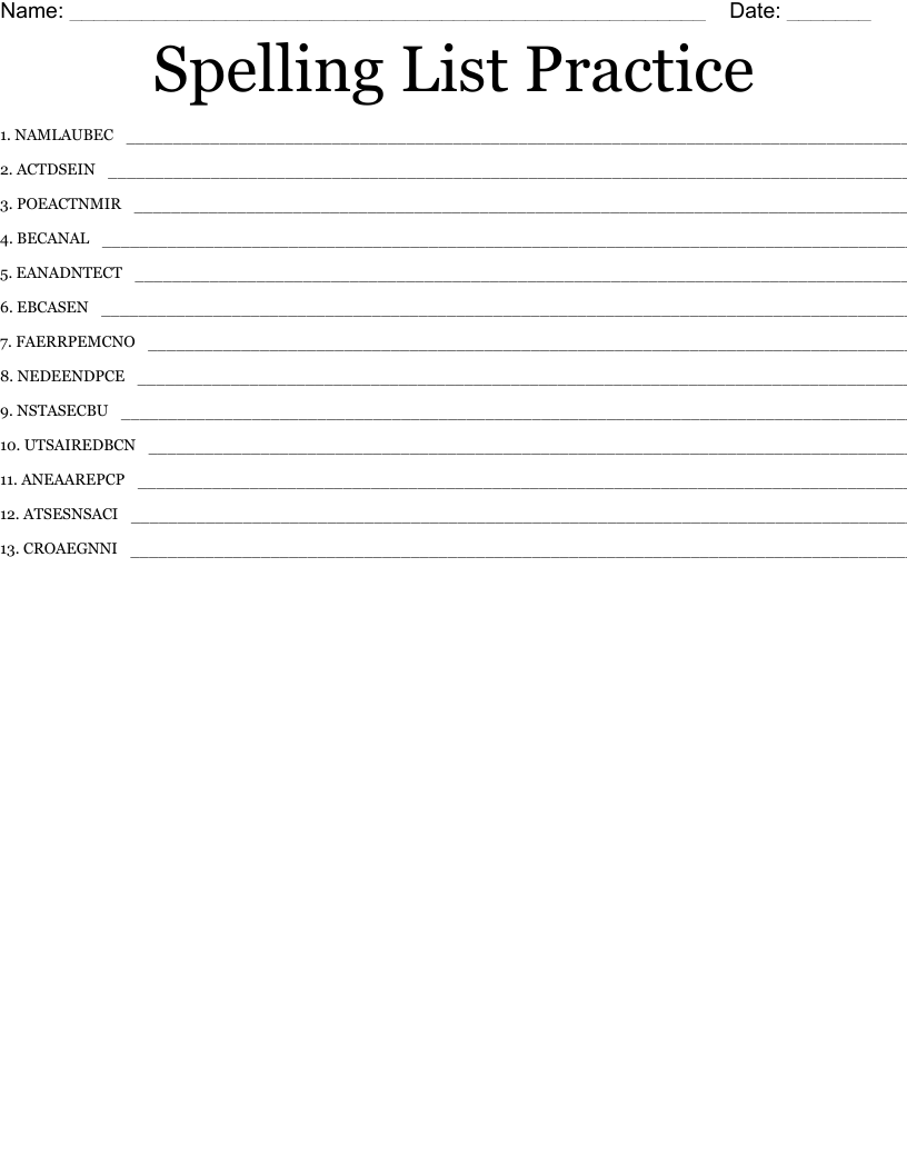 Spelling List Practice Word Scramble - WordMint