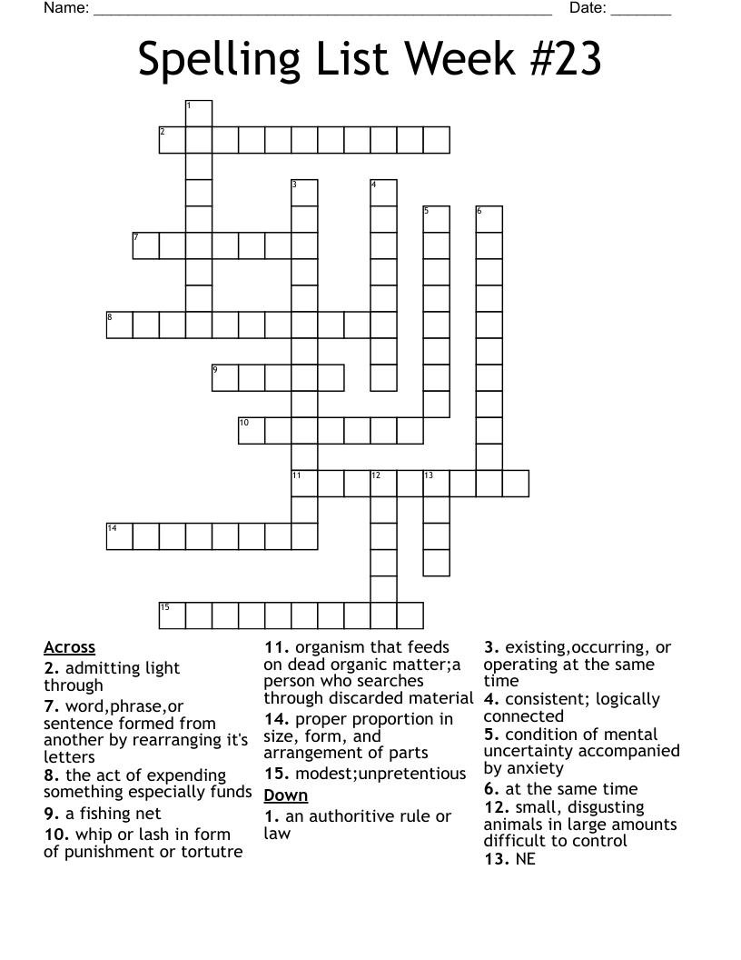 Spelling List Week #23 Crossword - WordMint