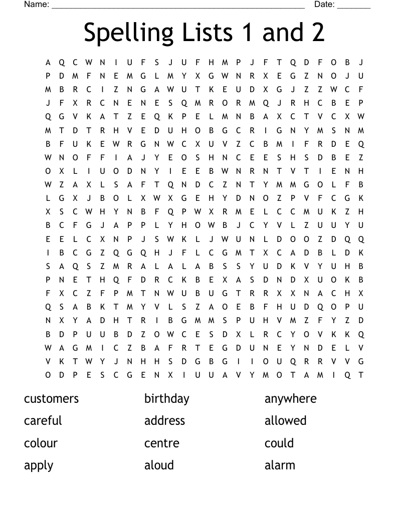 Spelling Lists 1 and 2 Word Search - WordMint