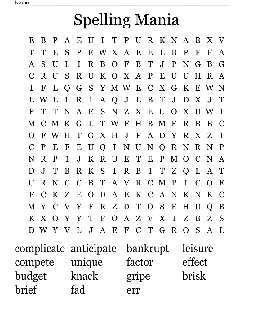 Spelling Mania Word Search WordMint