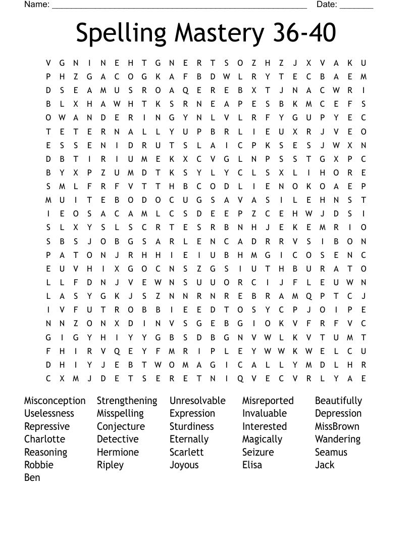 Spelling Mastery 36-40 Word Search - WordMint