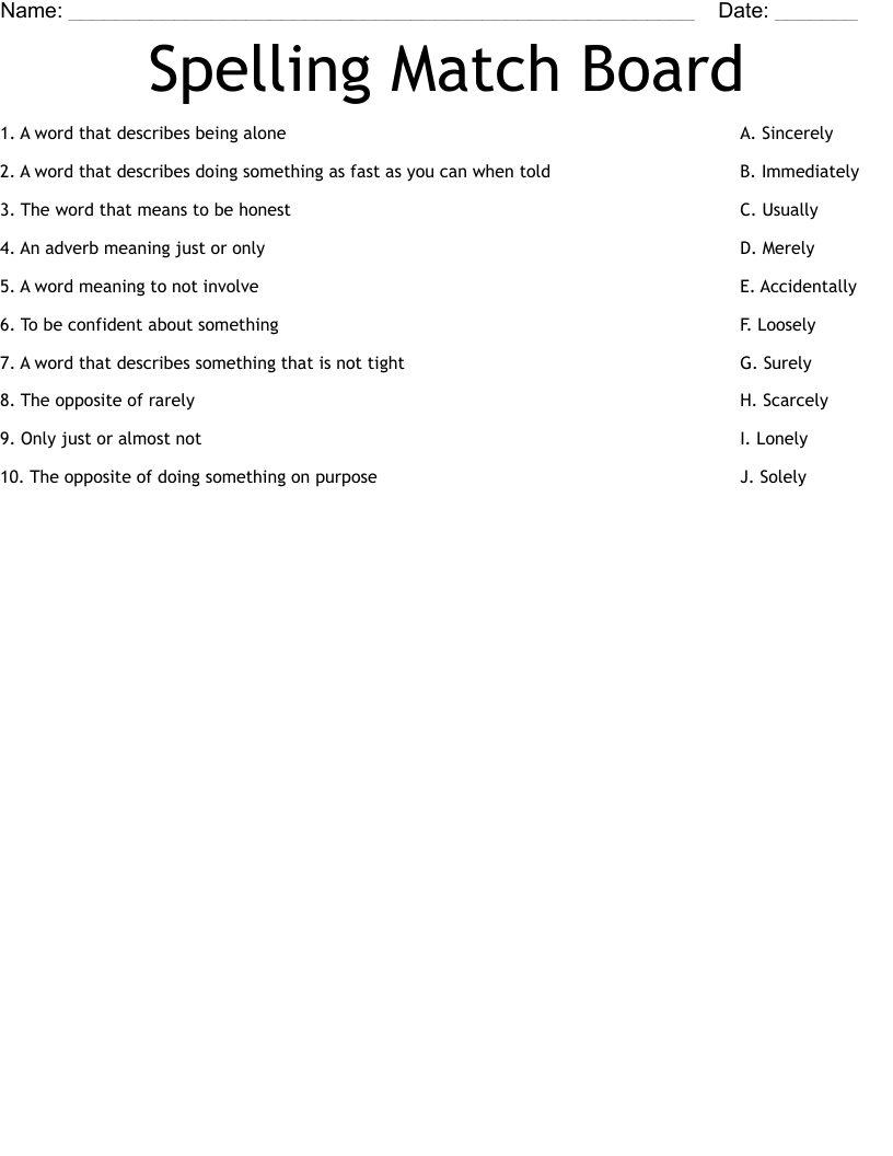 Spelling Match Board Worksheet - WordMint