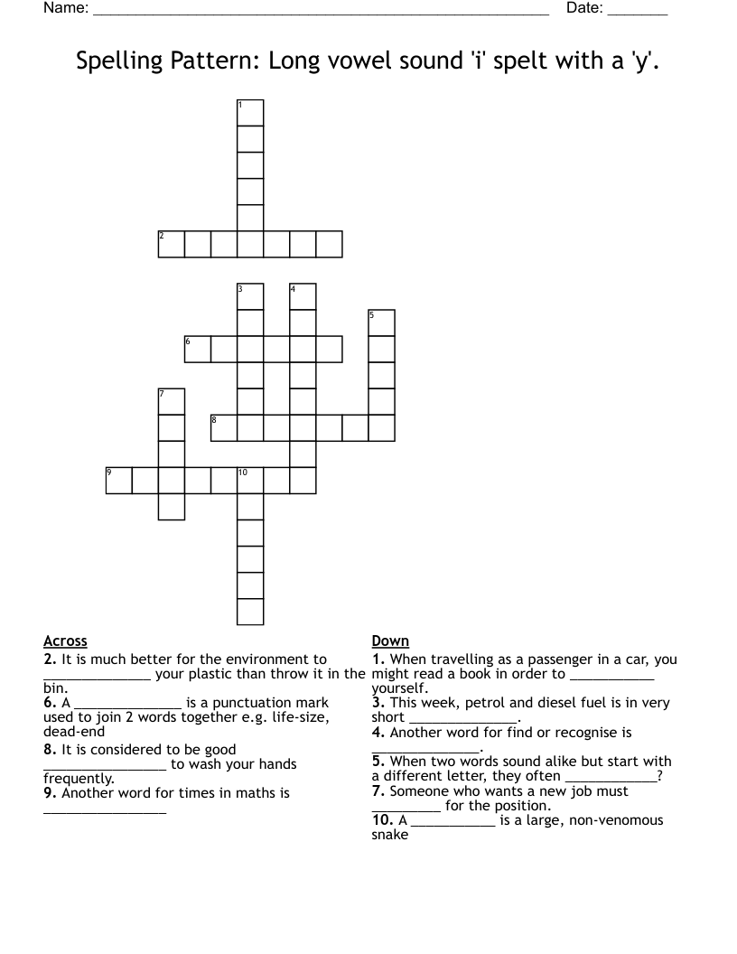 Spelling Pattern: Long vowel sound 'i' spelt with a 'y'. Crossword ...
