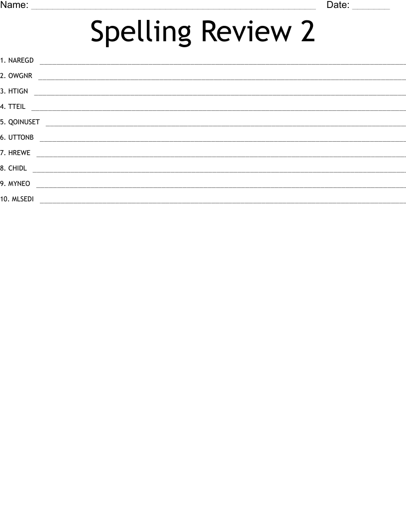 Spelling Review 2 Word Scramble - WordMint