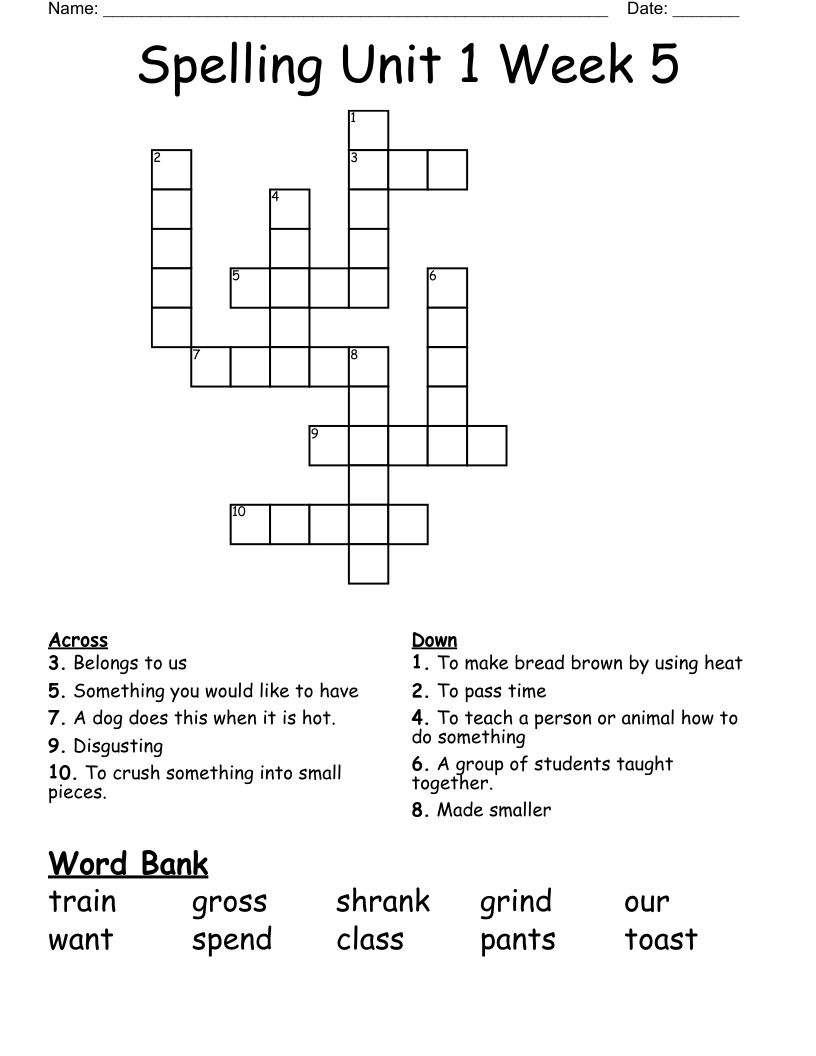 Spelling Unit 1 Week 5 Crossword - WordMint