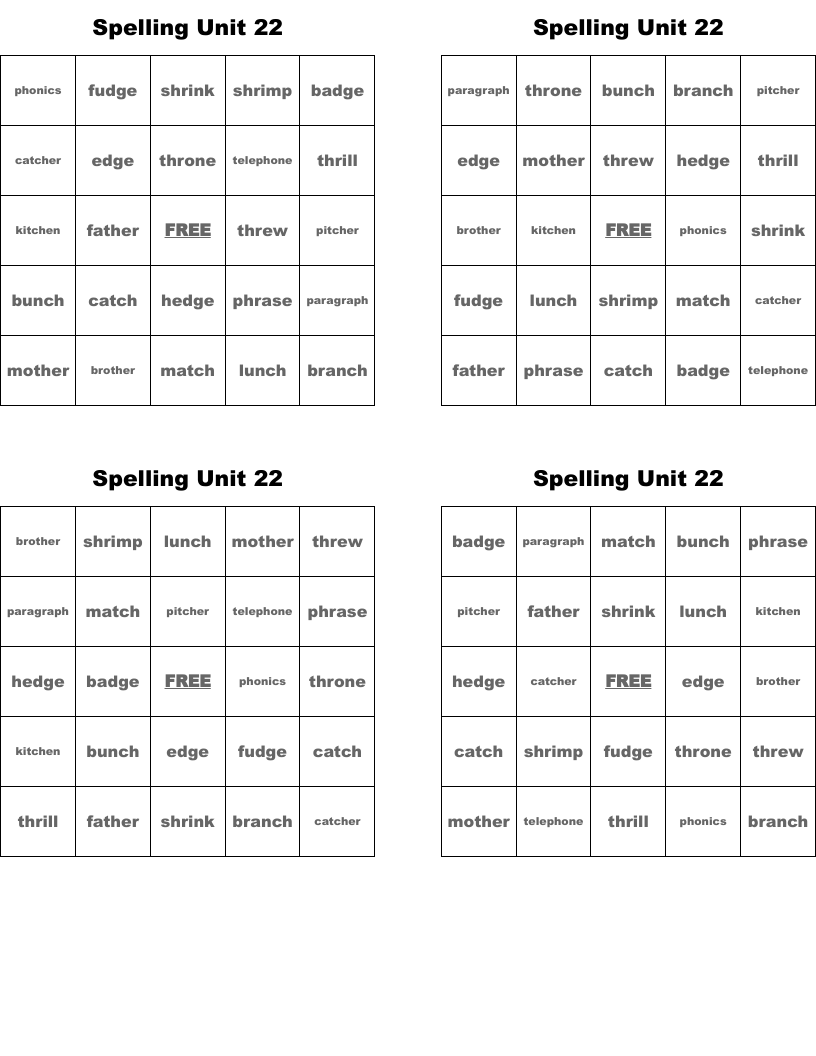Spelling Unit 22 Bingo Cards - WordMint