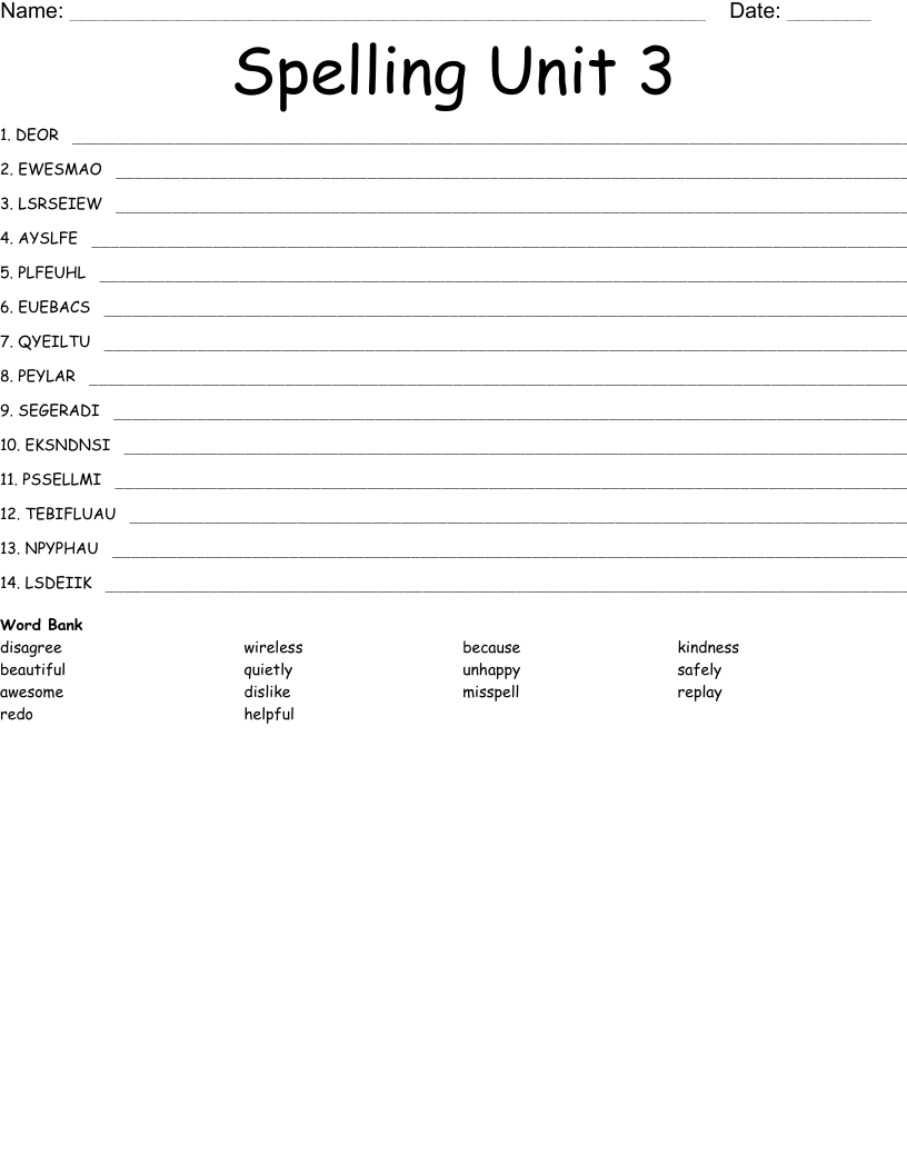 Spelling Unit 3 Word Scramble - WordMint