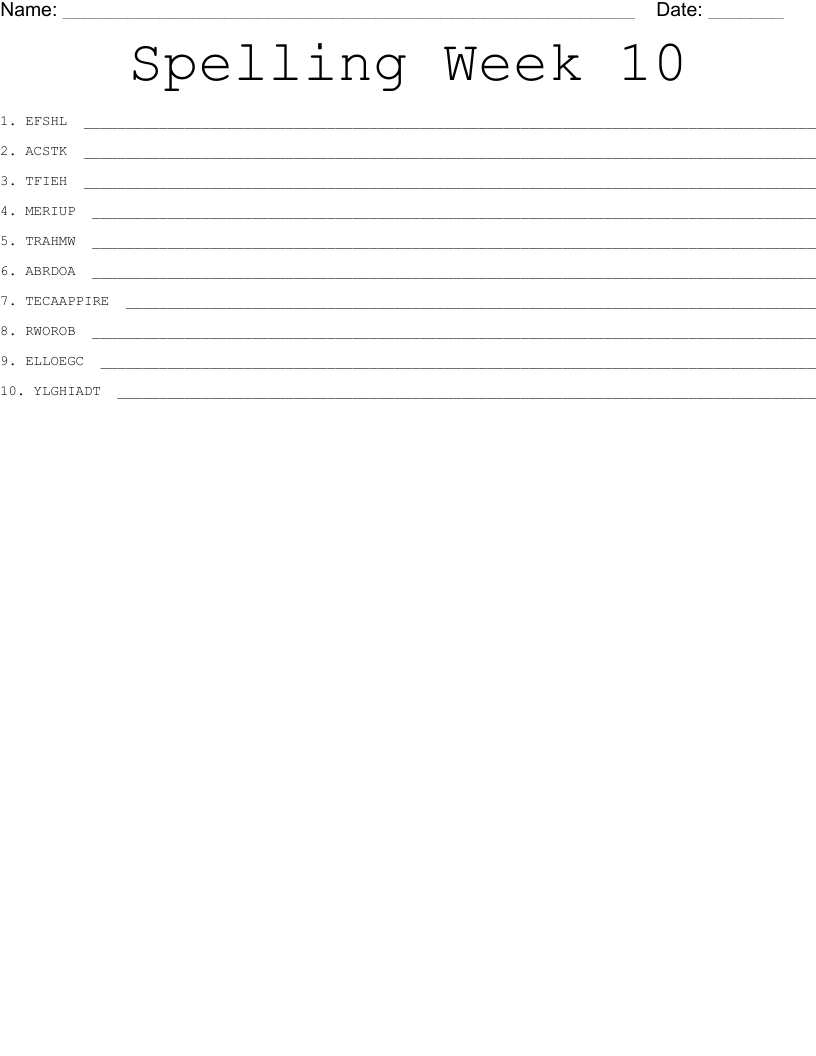 Spelling Week 10 Word Scramble - WordMint
