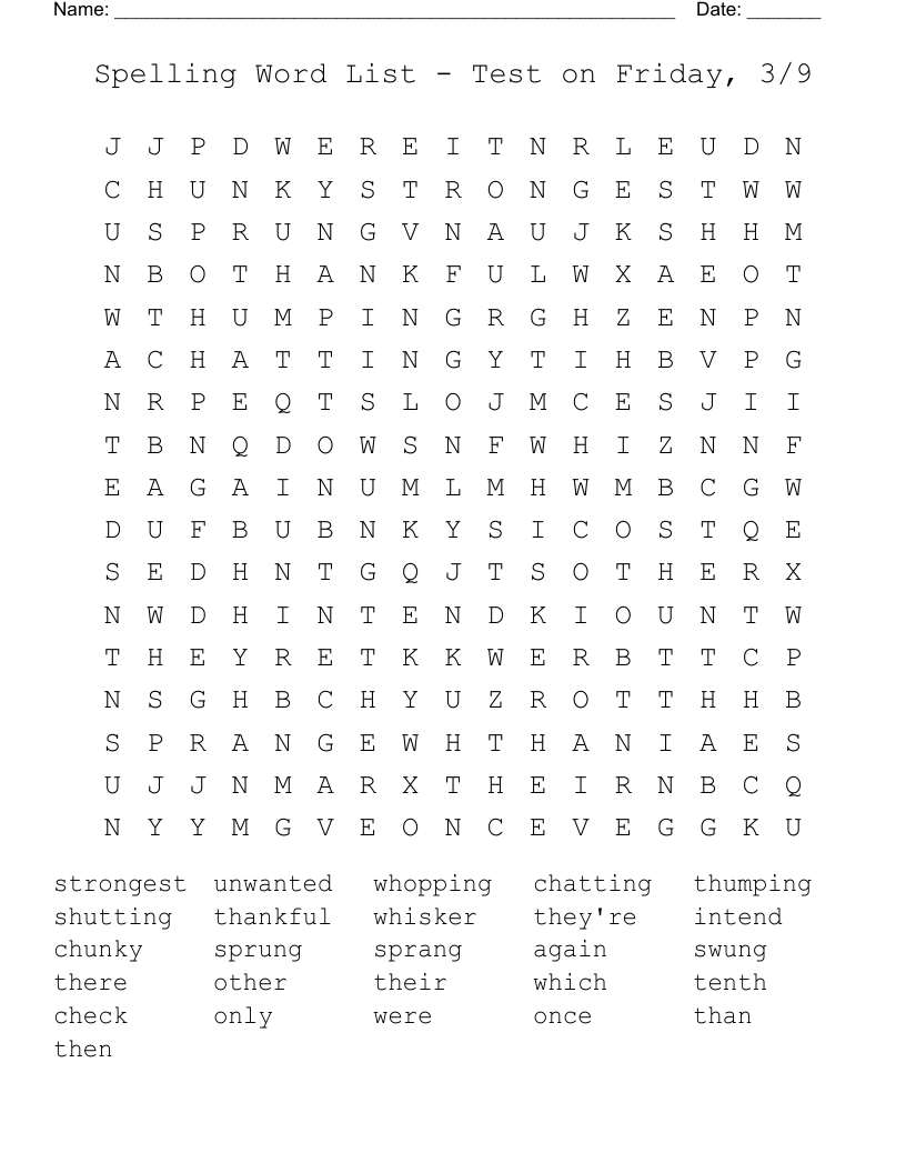 Spelling Word List - Test on Friday, 3/9 Word Search - WordMint