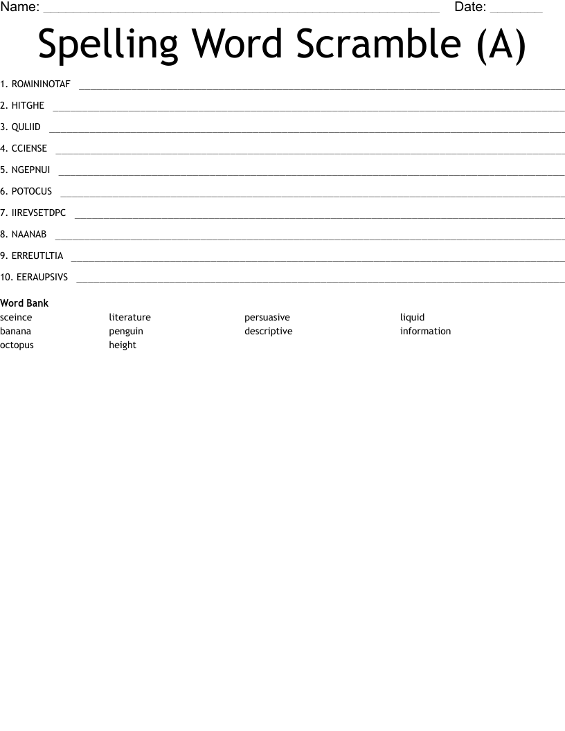 Spelling Word Scramble (A) - WordMint