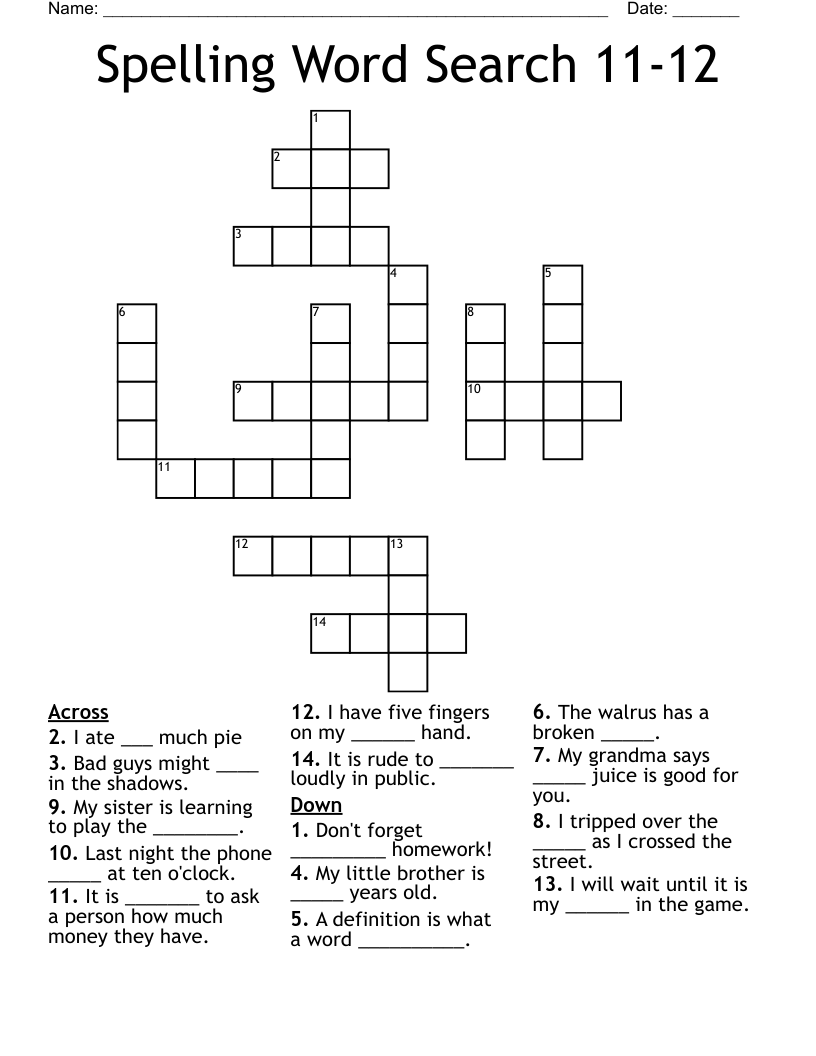 Spelling Word Search 11-12 Crossword - WordMint