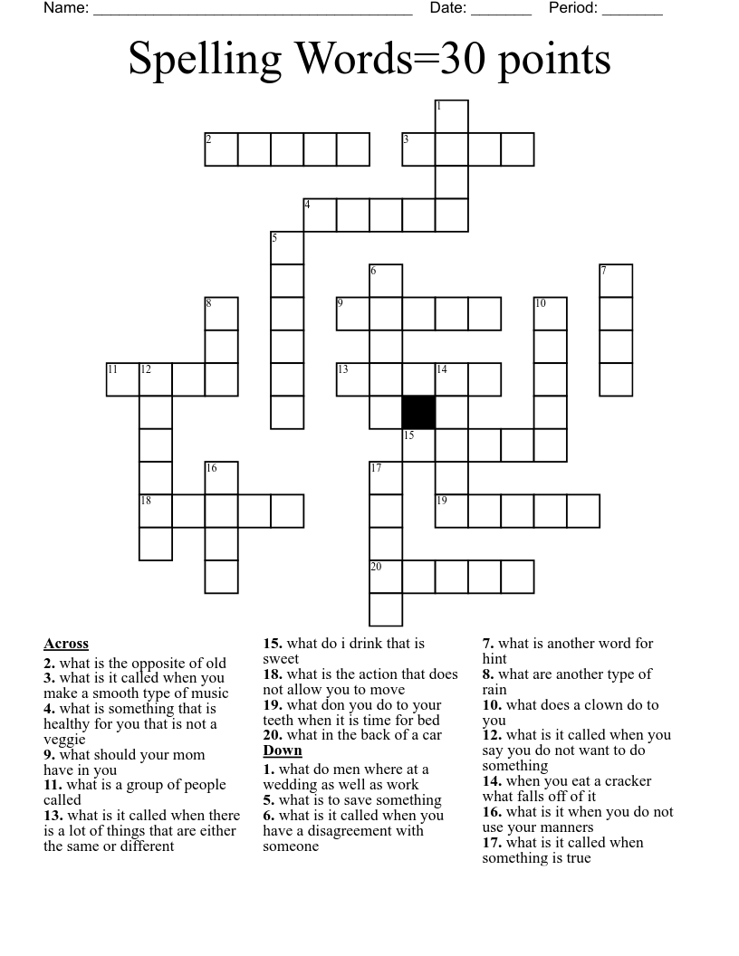 Spelling Words=30 points Crossword - WordMint