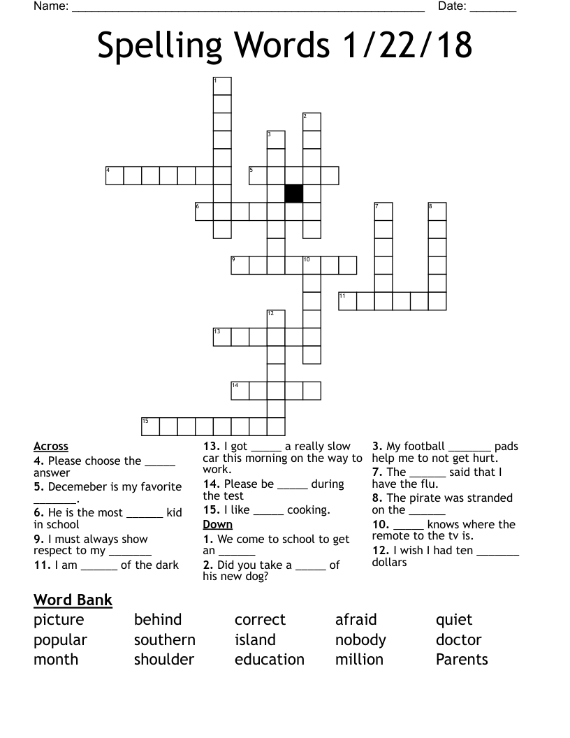 Spelling Words 1/22/18 Crossword - WordMint