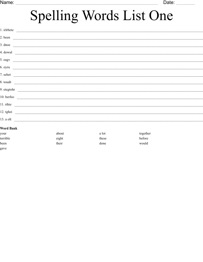 Spelling Words List One Word Scramble - WordMint