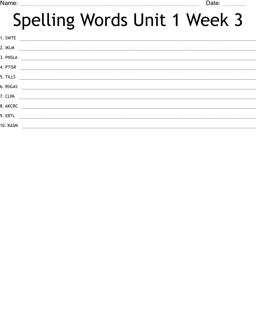 Spelling Words Unit 1 Week 3 Word Scramble - WordMint
