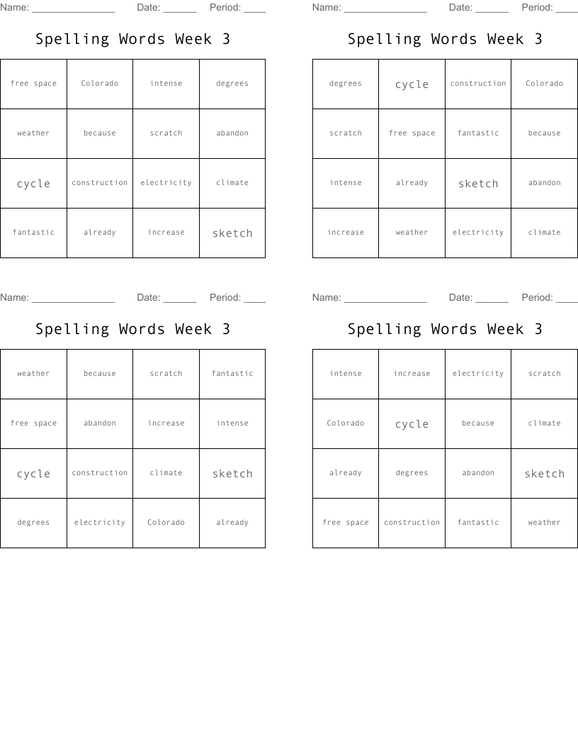 Spelling Words Week 3 Bingo Cards - WordMint