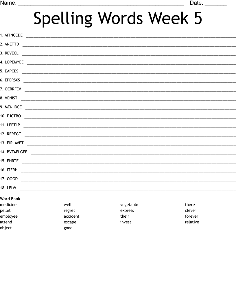 Spelling Words Week 5 Word Scramble - WordMint