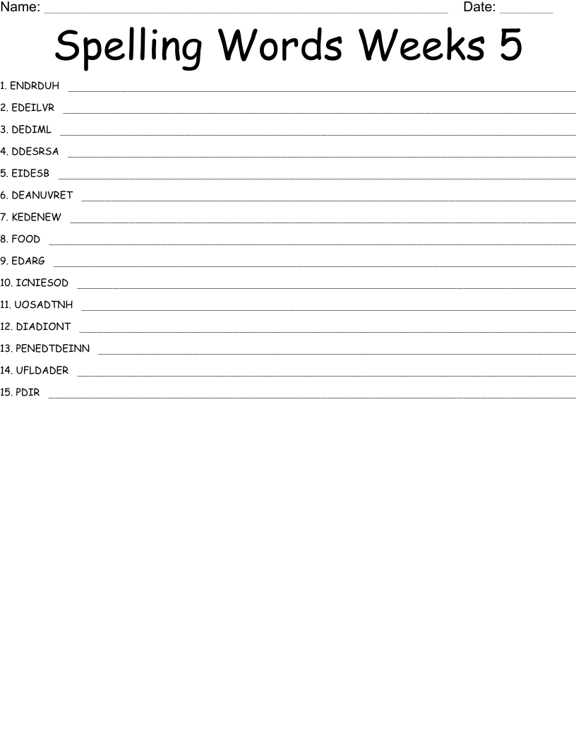 Spelling Words Weeks 5 Word Scramble - WordMint
