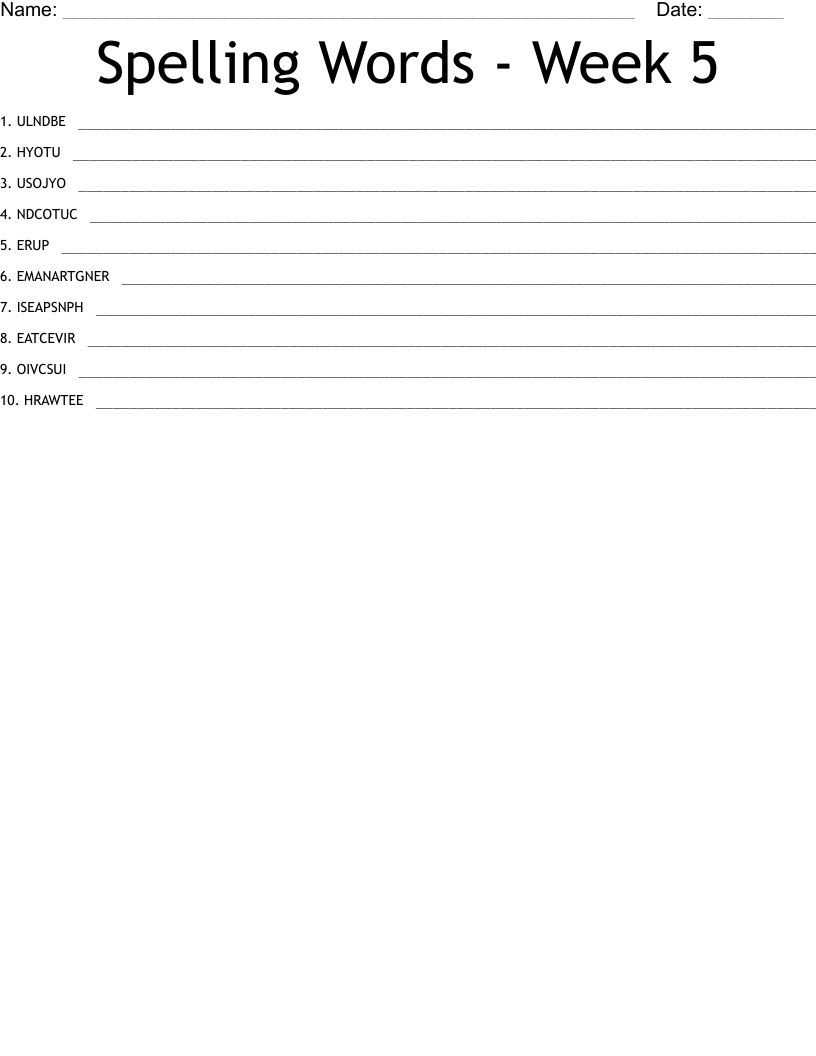 Spelling Words - Week 5 Word Scramble - WordMint