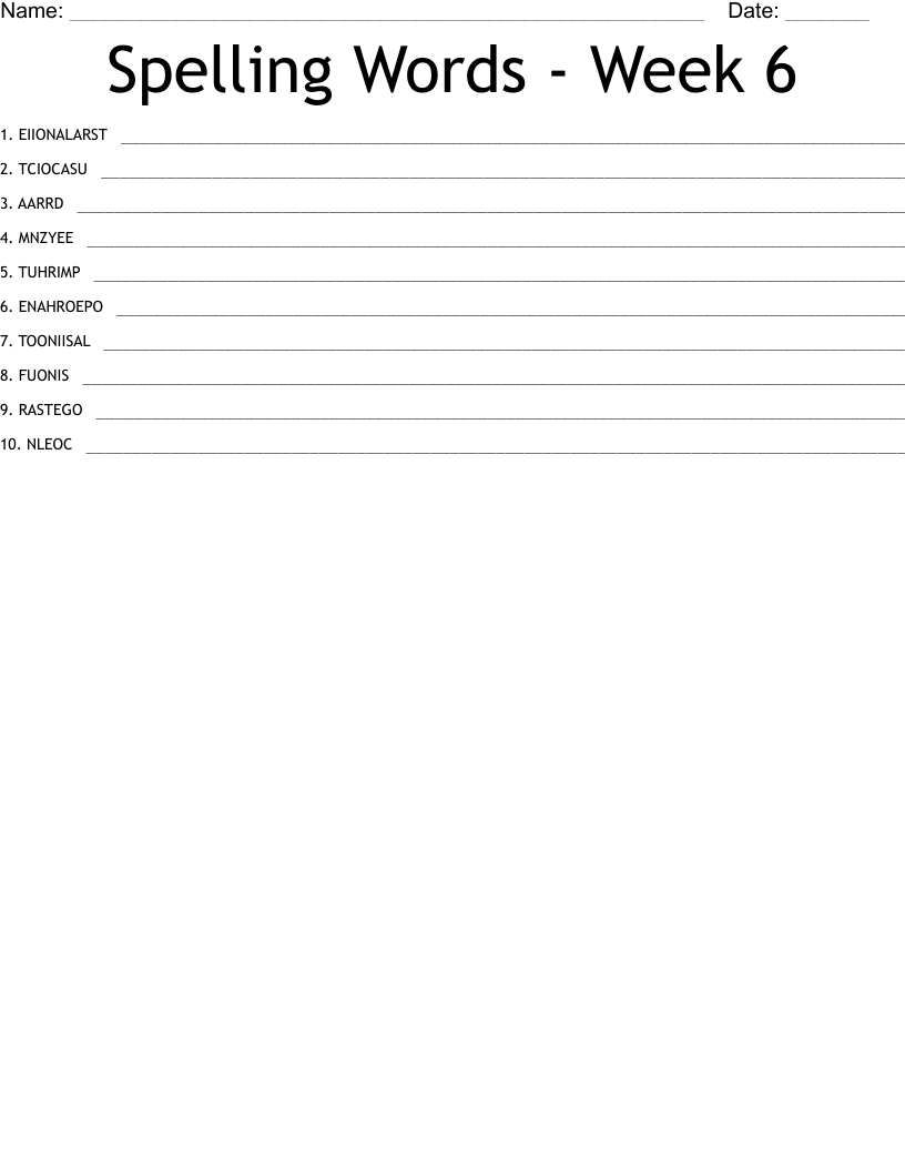 Spelling Words - Week 6 Word Scramble - WordMint