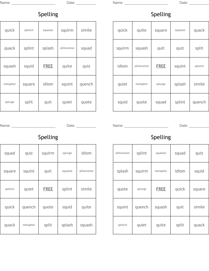 Spelling Bingo Cards WordMint