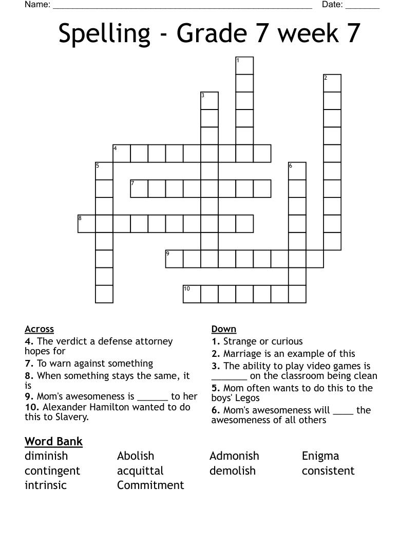 Spelling - Grade 7 week 7 Crossword - WordMint