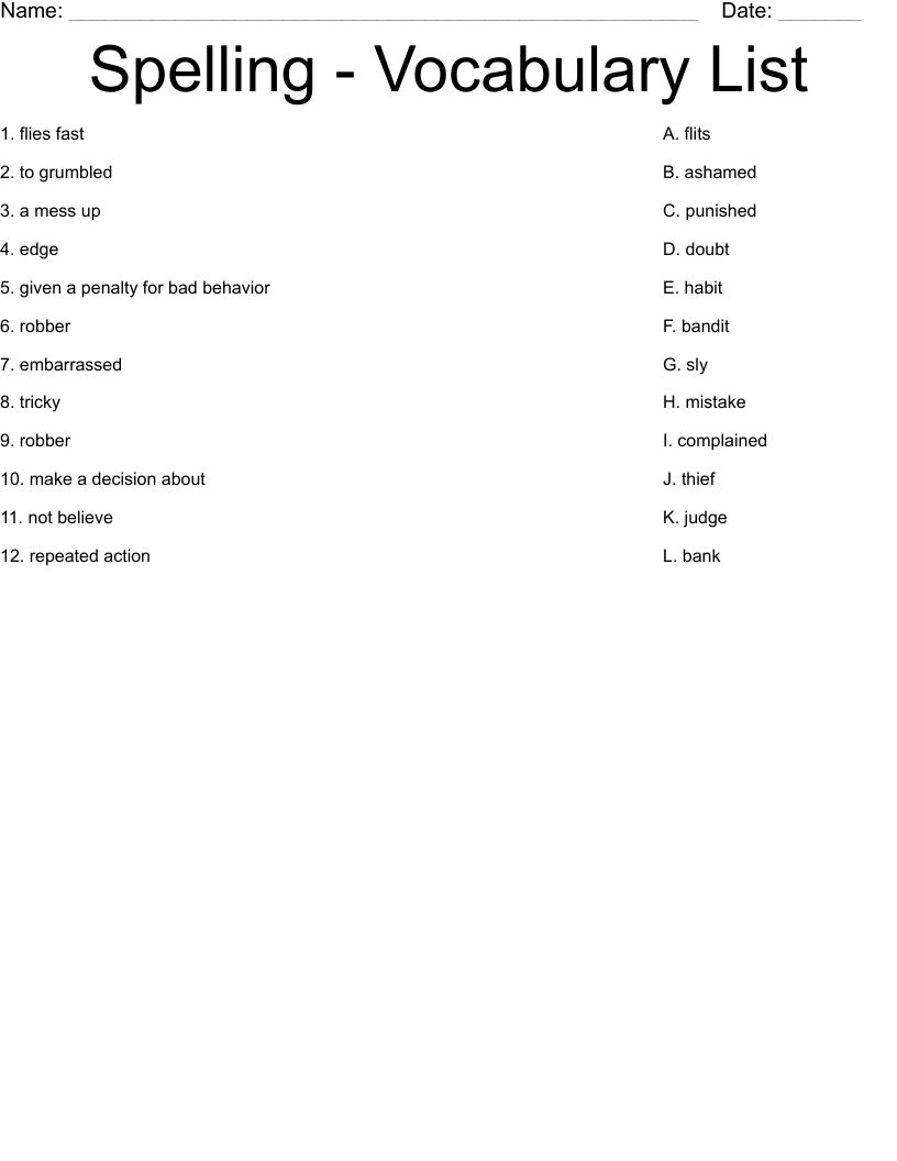 Spelling Vocabulary List Worksheet WordMint