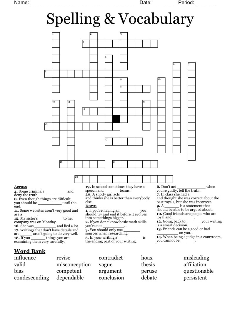 Spelling & Vocabulary Crossword - WordMint