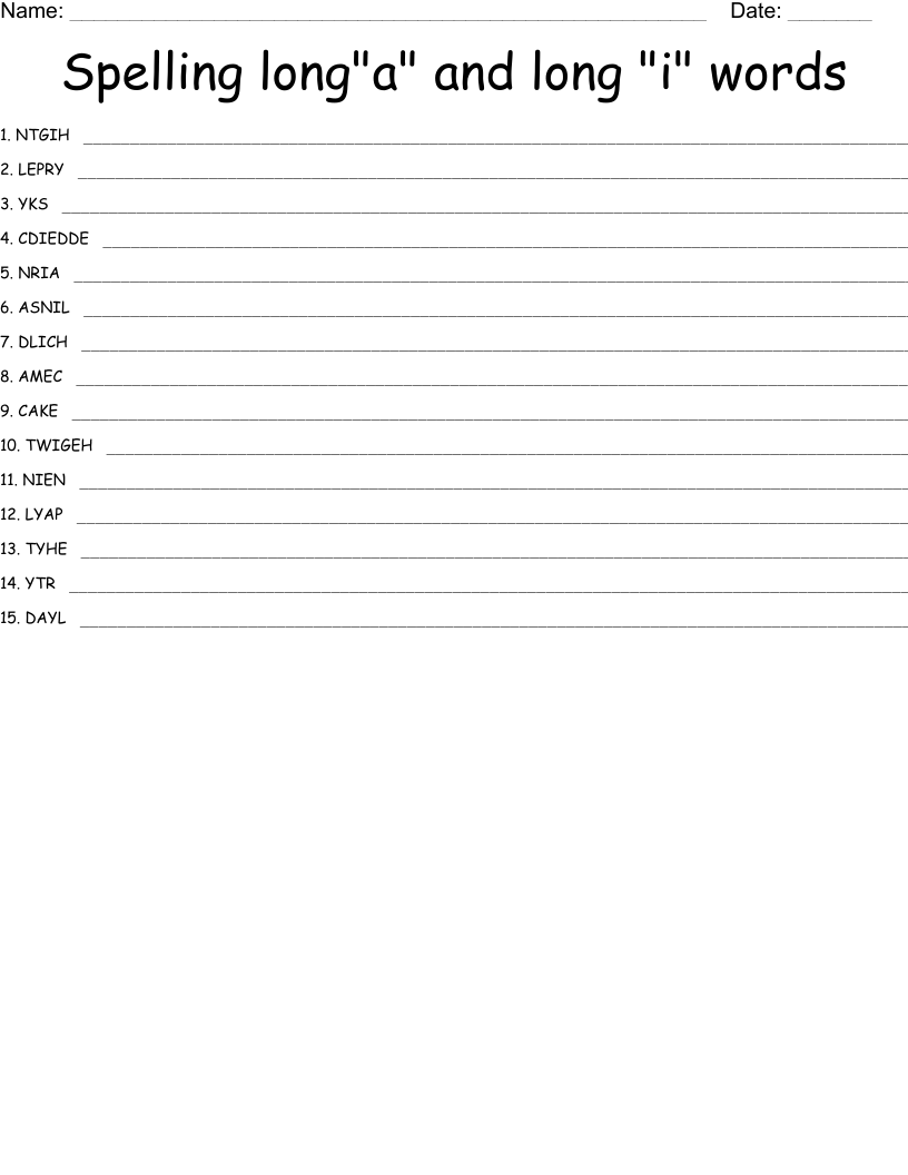 Spelling long"a" and long "i" words Word Scramble - WordMint
